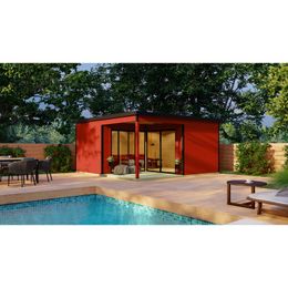 Lasita Maja Gartenhaus &raquo;DOMEO 6 LOGGIA&laquo; in verschiedenen Farben, mit &Uuml;berdachung rot Holzwerkstoff Fu&szlig;boden im Gartenhaus, ohne R&uuml;ck- und Seitenwand, 