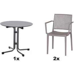 siena GARDEN Gartensessel &raquo;Lane Sessel taupe 2er Set mit Tisch&laquo; Set, 2 Stk. tlg. 2 x Stapelsessel + Tisch Sola &Oslash; 80 cm beige B/H/T: 57cm x 82cm x 56cm