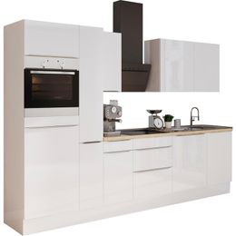 KOCHSTATION K&uuml;chenzeile &raquo;KS-Aken&laquo; Breite 300 cm, wahlweise mit E-Ger&auml;ten, mit Arbeitsplatte 38 mm stark wei&szlig; B/H/T: 300cm x 212cm x 60cm, ohne E-