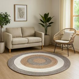 MyFlair Teppich &raquo;Terra Rings&laquo; rund 10 mm H&ouml;he Juteteppich, handgeflochten, Wendeteppich, gestreift, reine Naturfaser beige Jute &Oslash; 150cm 1 Stk., 10mm, &Oslash; 150cm