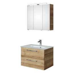 Badm&ouml;bel-Set &raquo;Trentino 2-teilig Glas-Waschtisch, Spiegelschrank mit LED-Leuchte&laquo; 3 Stk. tlg. braun Einheitsgr&ouml;&szlig;e