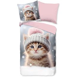 Good Morning Kinderbettw&auml;sche &raquo;Patt&laquo; 2 Stk. Flanell, Biber, 135x200, Warm, Wende, Kind, M&auml;dchen, Katze, Rosa, Grau rosa Flanell, Obermaterial: 100% 