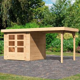 Karibu Gartenhaus &raquo;Arnis&laquo; mit Anbaudach 2,40 m Breite, Made in Germany beige Holzwerkstoff ohne Fu&szlig;boden, ohne R&uuml;ck- und Seitenwand, ohne Dacheindeckung