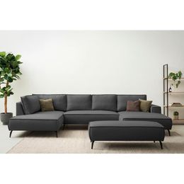 OTTO home Wohnlandschaft &raquo;TVINNU Leinenoptik, 354, mit Hocker&laquo; Recamiere rechts/links, stellbar zum Schlafsofa (Krokodilverbinder) grau B/H/T: 354cm x