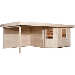 Weka Gartenhaus &raquo;Designhaus 213 Plus&laquo; mit Anbaudach und R&uuml;ckwand beige Massivholz Fu&szlig;boden im Gartenhaus, R&uuml;ckwand, ohne Dacheindeckung