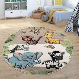 Paco Home Kinderteppich &raquo;Diamond 644&laquo; rund 18 mm H&ouml;he Kurzflor, 3D-Design, Motiv Dschungel Tiere, Kinderzimmer beige Kunstfaser B : 120cm &Oslash; 120cm 1 Stk., 18mm, 