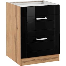 KOCHSTATION Kochfeldumbauschrank &raquo;KS-Tinnum&laquo; 60 cm breit, 2 Ausz&uuml;ge, Metallgriffe, MDF Fronten schwarz Holzwerkstoff wotaneiche, B/H/T: 60cm x 82cm x 