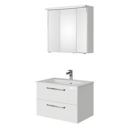 Badm&ouml;bel-Set &raquo;Trentino 2-teilig Mineralmarmor-Waschtisch mit LED-Spiegelschrank&laquo; 3 Stk. tlg. wei&szlig; Einheitsgr&ouml;&szlig;e