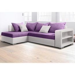 Collection AB Ecksofa &raquo;John L-Form, B: 226 cm&laquo; Schlaffunktion, Bettkasten, Regalelement & 2 Zierkissen lila B/H/T: 226cm x 80cm x 160cm, Microfaser 