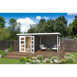 Lasita Maja Gartenhaus &raquo;Long Beach&laquo; Blockbohlenhaus 28mm mit Anbau grau Massivholz ohne Fu&szlig;boden, R&uuml;ckwand, ohne Dacheindeckung