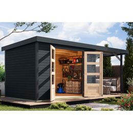 Karibu Gartenhaus &raquo;Jupiterino 4 SET, in verschiedenen Farben&laquo; inkl. Anbaudach schwarz Massivholz ohne Fu&szlig;boden, Blechdach