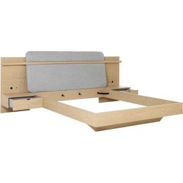 Einzelbett &raquo;IZADI&laquo; Bett mit Stoff-Kopfteil und 2 Nachttischen Liegefl&auml;che L&auml;nge B: 200cm x 160cm, Eiche Rookwood Nachbildung LED-Leuchtmittel, H&ouml;he 