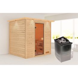 Karibu Sauna &raquo;"Ricky" mit bronzierter T&uuml;r und Kranz, naturbelassen&laquo; aus hochwertiger nordischer Fichte. 9 kW Ofen und integr. Steuerung Saunaofen, 