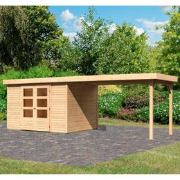 Karibu Gartenhaus &raquo;"Arnis 5" SET anthrazit mit Anbaudach 2,80 m Breite&laquo; aus hochwertiger nordischer Fichte beige Holzwerkstoff ohne Fu&szlig;boden, ohne R&uuml;ck- und 