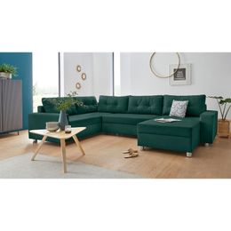 Collection AB Wohnlandschaft &raquo;Paris U-Form, B: 310 cm&laquo; 1 Zierkissen & Federkern, optional Schlaffunktion & Bettkasten gr&uuml;n Samtoptik (100% Polyester) 