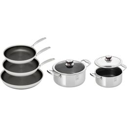 HENSSLERS Pfannen-Set Edelstahl Set, je 1 Pfanne &Oslash; 20/24/28 cm, je 1 Kochtopf &Oslash; 20/24 cm, 7 tlg. 3-Schicht Material, Wabenstruktur und 
