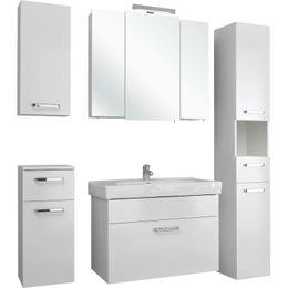 Badm&ouml;bel-Set &raquo;Quickset 5-teilig, Keramik-Waschtisch mit LED-Spiegelschrank&laquo; 6 Stk. tlg. wei&szlig; Holzwerkstoff B/H/T: 143cmcm x 200cmcm x 48cmcm