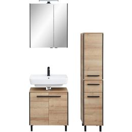 Badm&ouml;bel-Set &raquo;Quickset 395 3-teilig, Waschbeckenunterschrank mit LED-Spiegelschrank&laquo; 4 Stk. tlg. braun Riviera Eiche quer Nachbildungmit schwarzem L-