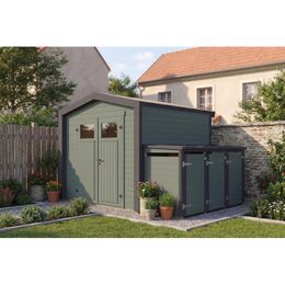 Weka Gartenhaus &raquo;Killarney&laquo; Doppelt&uuml;r, 1/4 verglast, inkl. 3er M&uuml;lltonnenbox gr&uuml;n Massivholz ohne Fu&szlig;boden, ohne Dacheindeckung