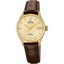 Festina Damen Quarzuhr Armbanduhr, Damenuhr, Swiss Made, Lederarmband, analog, Datum gold Einheitsgr&ouml;&szlig;e
