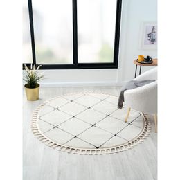 MyFlair Hochflor-Teppich &raquo;Moroccan Square&laquo; rund 24 mm H&ouml;he modern, marokkanisches Design, Rauten Muster, weich, mit Fransen schwarz-wei&szlig; Polyester, 