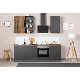 KOCHSTATION K&uuml;chenzeile &raquo;KS-Bruneck&laquo; 240cm breit, wahlweise mit oder ohne E-Ger&auml;te, hochwertige MDF-Fronten grau B/H/T: 240cm x 200cm x 60cm, ohne E-