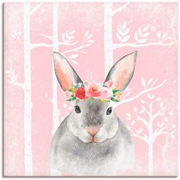 Artland Leinwandbild &raquo;Hase mit Blumen im pink Wald&laquo; Tiere 1 Stk. tlg. auf Holzrahmen gespannt pink Leinwand B/H/T: 50cm x 50cm, Leinwandbild Tiere quadratisch