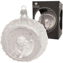 Christbaumschmuck &raquo;Reflexkugel mit wei&szlig;em Engel&laquo; Christbaumschmuck aus Glas, mundgeblasen, handgefertigt, Baumkugel wei&szlig; Glas Einheitsgr&ouml;&szlig;e