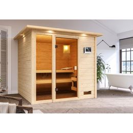 Karibu Sauna &raquo;"Jackie" mit bronzierter T&uuml;r und Kranz, naturbelassen&laquo; aus hochwertiger nordischer Fichte Bio-Kombiofen, externe Steuerung, 400 kW