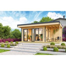 Lasita Maja Gartenhaus &raquo;DOMEO 7&laquo; mit Anbau beige Massivholz Fu&szlig;boden im Gartenhaus, R&uuml;ckwand, ohne Dacheindeckung