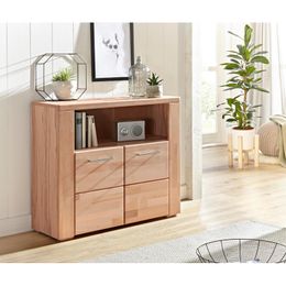OTTO home Kommode &raquo;Celle, 90cm breit, 35cm tief, Fronten Massivholz&laquo; Holz massiv, Holzwerkstoff, Metall Griffe,3 breite F&auml;cher beige Holz teilmassiv B