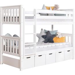 Ticaa Etagenbett &raquo;Sammy&laquo; 90x200cm, mit Stauraum, umbaubar zu 2 Einzelbetten, Rollrost, Massivholz wei&szlig; Mit Bettschubk&auml;sten &raquo;Maria&laquo;, Liegefl&auml;che B/L: 90cm x 