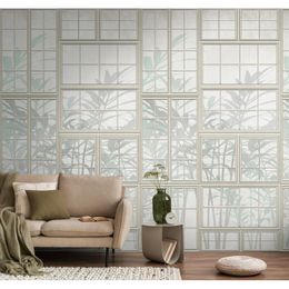 Livingwalls living walls Fototapete &raquo;THE WALL III Fenster Tapete Motivtapete Floral Blattmuster&laquo; matt glatt Vliestapete Pflanzen f&uuml;r Schlafzimmer K&uuml;che Wohnzimmer