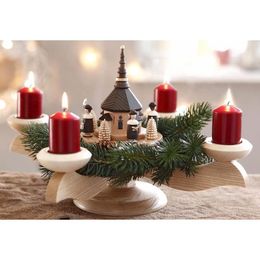 Albin Preissler Adventsleuchter &raquo;mit Seiffener Kirche, Handwerkskunst aus dem Erzgebirge&laquo; Weihnachtsdeko aus Eschenholz beige Massivholz B/H/T: 29cm x 26cm x 29cm