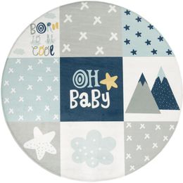 Paco Home Kinderteppich &raquo;Chicos 554&laquo; rund 2 mm H&ouml;he gewebt, Patchwork Design, mit Schriftzug & Regenbogen oder Sternen blau Polyester &Oslash; 120cm 1 Stk., 2mm, &Oslash; 