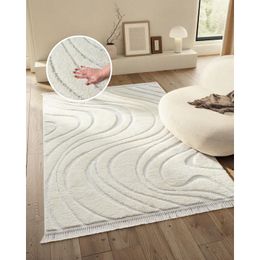 homsy by Ana Johnson Teppich &raquo;Waavy mit Fransen, Wellen Design&laquo; rechteckig 20 mm H&ouml;he Boho, 3D Optik, Scandi, Hoch-Tief, Wohnzimmer, Schlafzimmer wei&szlig;
