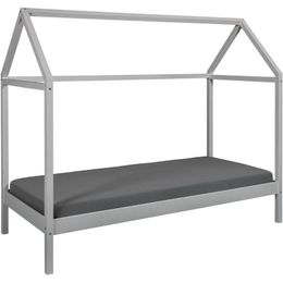 Inter Link Hausbett &raquo;Sun Road, Kinderbett, Holzbett f&uuml;r Kinderzimmer, Himmelbett&laquo; Spielbett aus Kiefer Massiv, ohne Lattenrost, 90 x 200 cm grau Liegefl&auml;che 