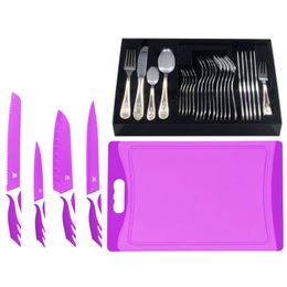 King Besteck-Set &raquo;&raquo;BAS GOLD&laquo;&laquo; mit Dekor in Gold-Optik, inkl. Etui, 4 K&uuml;chenmesser, 1 Schneidebrett lila Edelstahl 18/0 36 Stk.