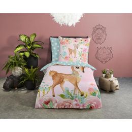 Good Morning Kinderbettw&auml;sche &raquo;Sweet2&laquo; 2 Stk. Baumwolle, 135x200, Rei&szlig;verschluss, Wende, Kind, M&auml;dchen, Hirsch, Rosa rosa Renforc&eacute;, Obermaterial: 100%