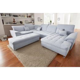 DOMO collection Wohnlandschaft &raquo;FRANZI 344x206x81 cm, elegant, komfortabel&laquo; U-Form, Recamiere rechts, pastelblau, B/T: 344/206 cm blau Flachgewebe (
