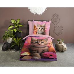 Good Morning Kinderbettw&auml;sche &raquo;Kadi&laquo; 2 Baumwolle, Renforc&eacute;, 135x200, Wendeoptik, Kind, M&auml;dchen, Katze pink Renforc&eacute;, Obermaterial: 100% Baumwolle B/L: