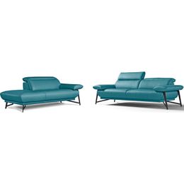 Egoitaliano Sofa &raquo;Anais, Design mit hohem Sitzkomfort, Fu&szlig;farbe schattengrau&laquo; Set, Kopfteil verstellbar, Leder CAREZZA, t&uuml;rkis blau Leder CAREZZA, Ottomane 