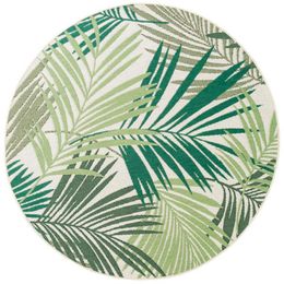Paco Home Teppich &raquo;Ostende 534&laquo; rund 4 mm H&ouml;he Flachgewebe, Motiv Palmenbl&auml;tter, In- und Outdoor geeignet, Wohnzimmer gr&uuml;n Polypropylen &Oslash; 200cm 1 Stk., 4mm, &Oslash; 