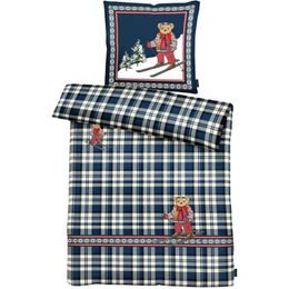 Apelt Bettw&auml;sche &raquo;Mati&laquo; 2 Stk. Karomuster mit Norwegerbord&uuml;re und B&auml;r auf Skiern blau Satin (Bio-Baumwolle), Obermaterial: 100% Baumwolle B/L: 135cm x
