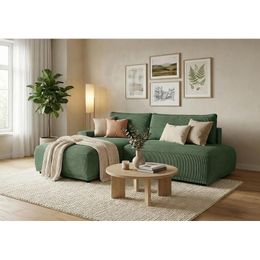 Trendmanufaktur Ecksofa &raquo;Fordon II, Schlafsofa mit Bettkasten, Couch in L-Form, Breite 250 cm&laquo; in Cordstoff HYPER, dunkelgr&uuml;n, Armlehne links gr&uuml;n 92%