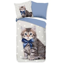 Good Morning Kinderbettw&auml;sche &raquo;Mae&laquo; 2 Stk. 100% Baumwolle, 135x200, Rei&szlig;verschluss, Wende, Kind, Katze, Blau Grau blau Renforc&eacute;, Obermaterial: 100% 