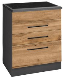 KOCHSTATION Kochfeldumbauschrank &raquo;KS-Tulsa&laquo; 60 cm breit, 2 Schubladen, 1 gro&szlig;er Auszug, schwarzer Metallgriff braun grafit, B/H/T: 60cm x 85cm x 60cm,