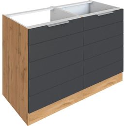 KOCHSTATION Sp&uuml;lenschrank &raquo;KS-Luhe&laquo; 120 cm breit, hochwertige MDF-Fronten mit waagerechter Lisene grau MDF wotaneiche, B/H/T: 120cm x 82cm x 60cm, 