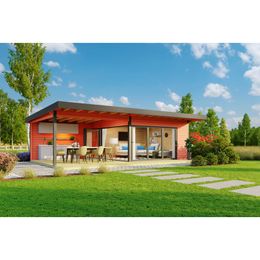 Lasita Maja Gartenhaus &raquo;DOMEO 10&laquo; mit Anbau rot Massivholz Fu&szlig;boden im Gartenhaus, ohne R&uuml;ck- und Seitenwand, ohne Dacheindeckung