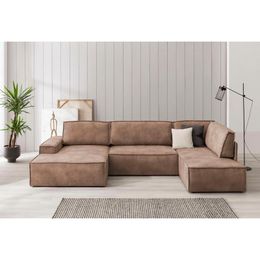 OTTO home Wohnlandschaft &raquo;SHERWOOD Vintage Lederoptik U-Form, 329 cm&laquo; Schlaffunktion m. Bettkasten (194x139 cm), Cord, Vintage, Samtvelours braun 100%